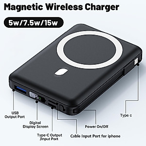 Yiisonger for Magsafe Battery Pack - 10000mAh Portable Charger for Mag-Safe 22.5W PD Fast Charging with Built-in Cables LED Display, Magnetic Power Bank for iPhone 16/15/14/13/12/Pro/Mini/Pro Max