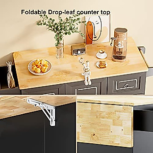 Qsun Kitchen Island with Storage on Wheels with Drop Leaf, Kitchen Island Cart with Rubber Wood Top, Large Storage Cabinet, Three Large Drawers, Side Towel Rack and Spice Rack (Black)