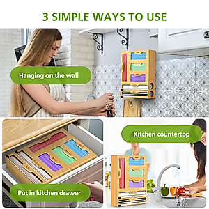 Lawmoliw Bag Storage Organizer for Kitchen Drawer, 6 in 1 Foil and Plastic Wrap Dispenser with Cutter, Bamboo Plastic Bag Food Baggie Organizer for Gallon, Quart, Sandwich, Snack