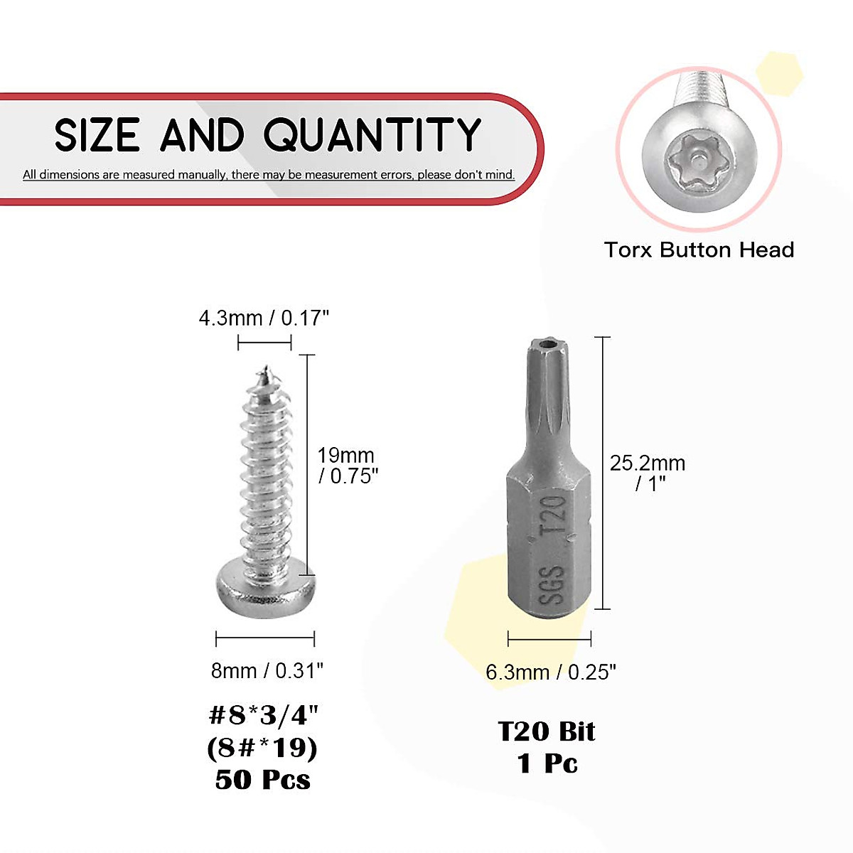 Hilitchi 50 Pcs #8 x 3/4” Stainless Steel Button Head Torx Sheet Metal Screws Security Silver Screws Anti-Theft Tamper Proof with Bit T20