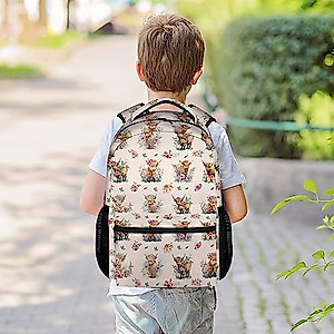 Mercuryelf Highland Cow Backpack for Girls Boys, 16 Inch Beige Backpacks for School, Aesthetic Lightweight Bookbag for Kids