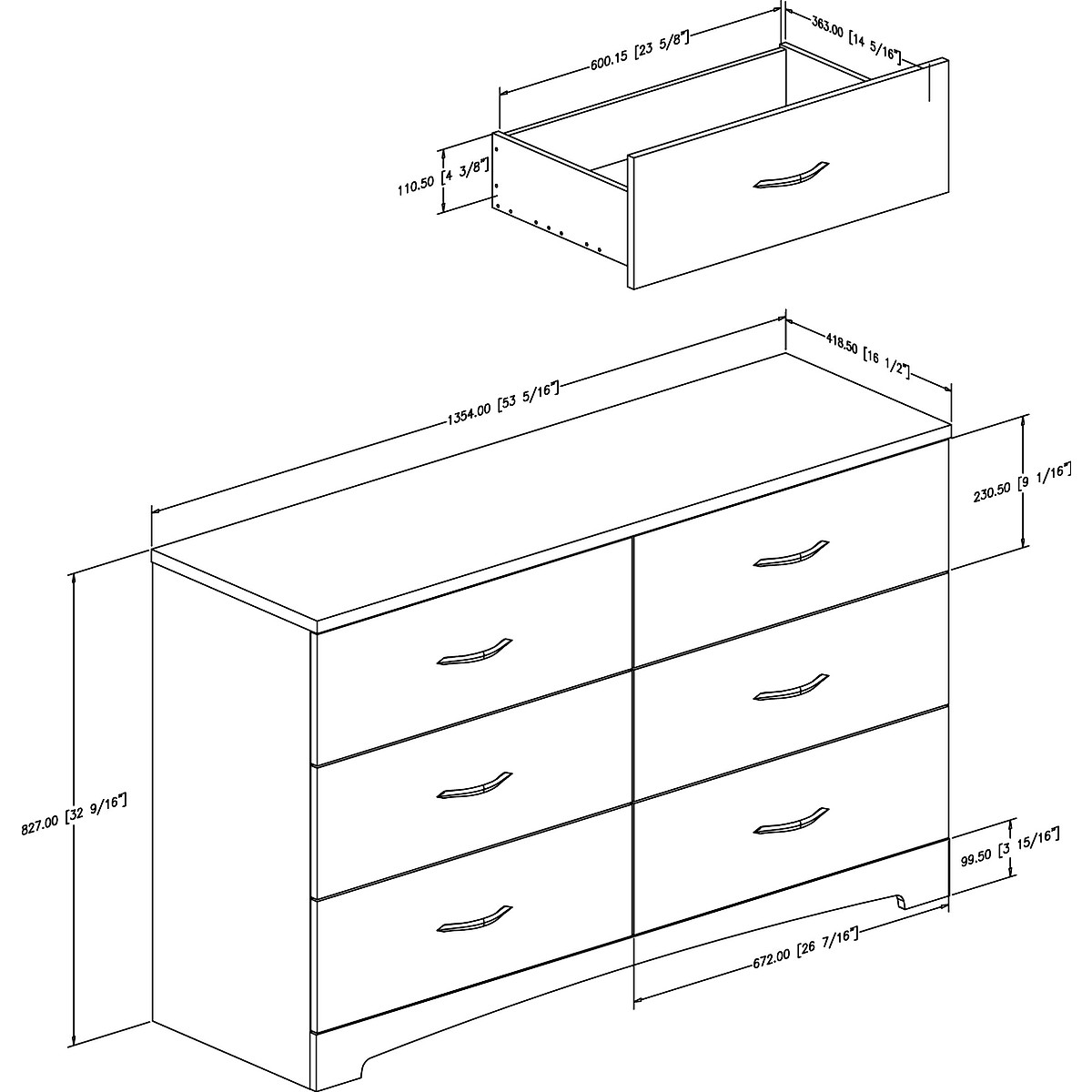 South Shore Step One 6-Drawer Double Dresser,Pure Black with Matte Nickel Handles, 19"D x 51.25"W x 31.25"H