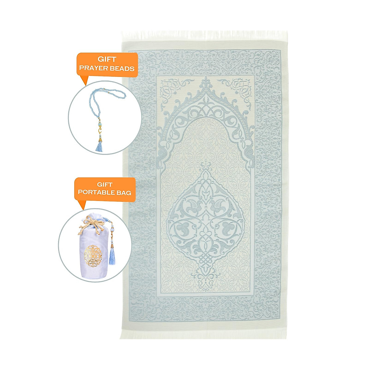 Prien Prayer Rug with Tasbih Bag for Pray, Muslim Gifts Bayram, Mat Salah, Sajadah for Women & Men, Islamic Gift Set for Islam Ramadan, Prayer, Praying, Eid, Quran (Blue)
