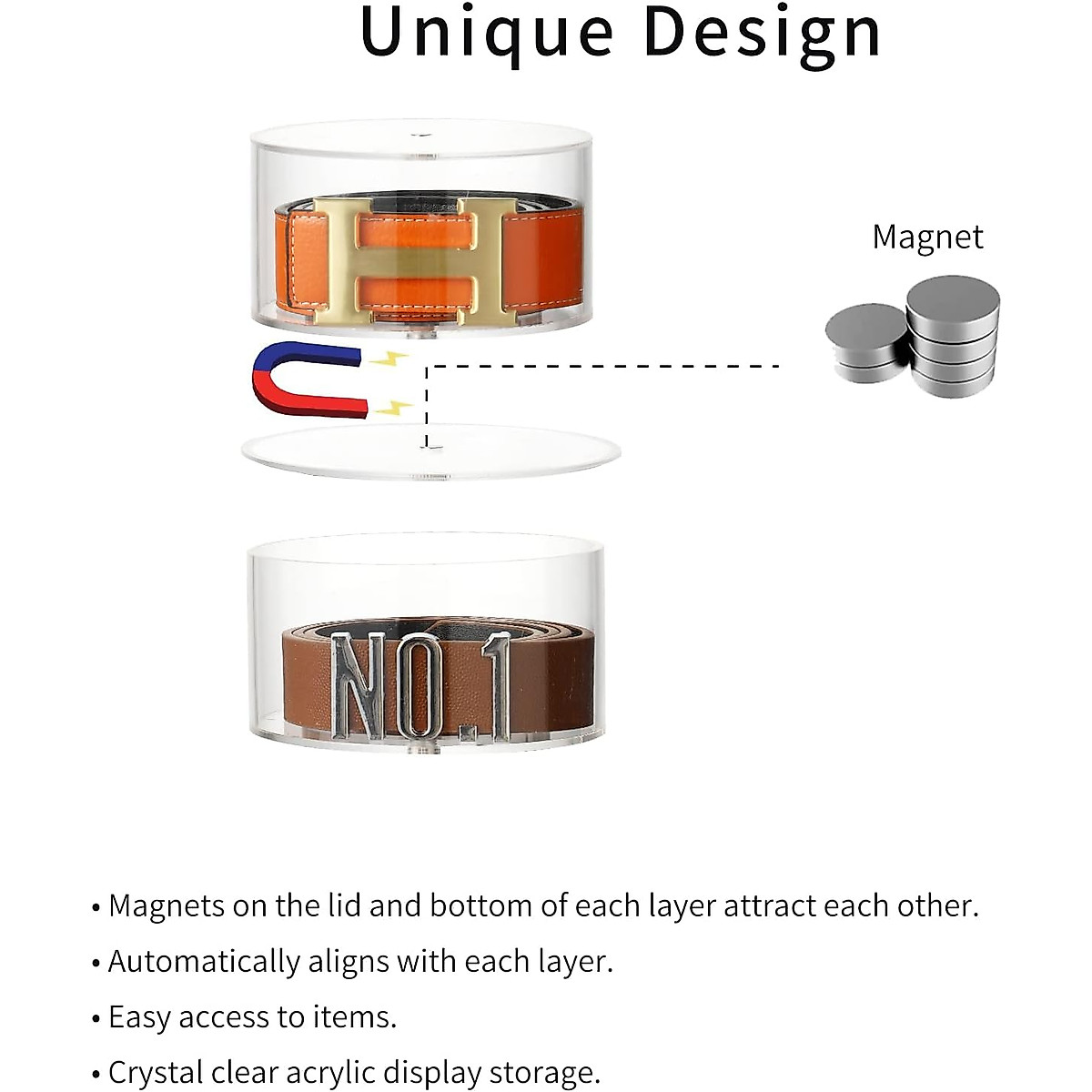 MESAILUP Belt Rack Organizer 3 Layers Acrylic Display Case with Magnet, Acrylic Stackable Drawers Storage Holder for Accessories Like Watches, Jewelry, Makeup, Bracelets, Rings, Craft Toy & Tie