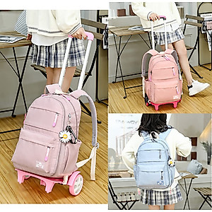 YJMKOI Solid-Color Simple Rolling Backpack for Girls, Pink Trolley Bags on 6 Wheels, Carry-on Luggage BookBag with Wheels for Middle School
