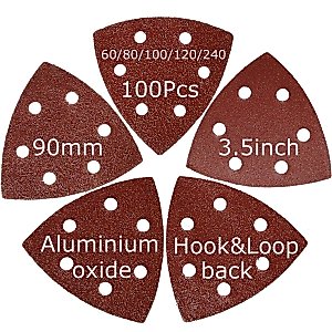 XXGO 3-1/2 Inch 90mm Triangular 60/80 /100/120 /240 Grits Hook & Loop Multitool Sandpaper Contains 20 of Each Fit 3.5 Inch Triangular Oscillating Multi Tool Sanding Pads Pack of 100 XG9010