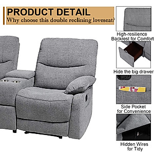B BAIJIAWEI Double Reclining Loveseat - Fabric Home Theater Seating with Console - 2 Seater Manual Reclining Couch for Living Room, Office (Fabric- Light Grey)