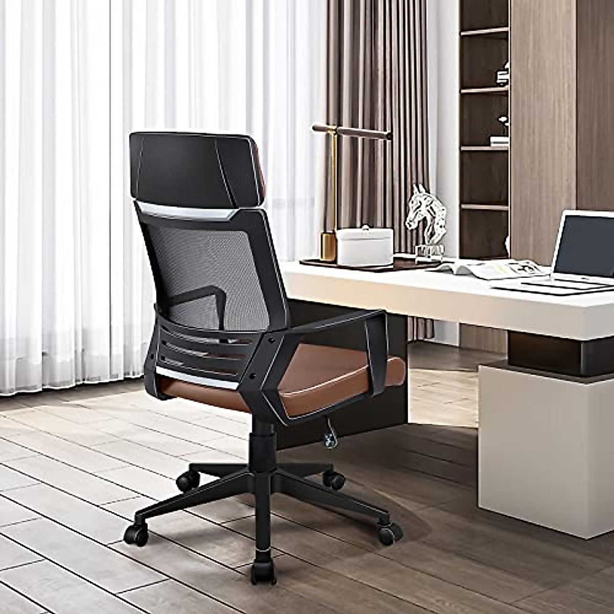 Yaheetech Mesh Leather Executive Chair with Lumbar Support, Office Chair Ergonomic Desk Chair High Back Mesh Computer Chair with Backrest and Headrest, Task Chair with Wheels for Women Adults, Brown