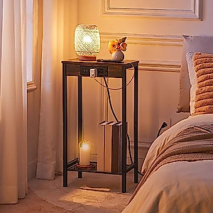 HOOBRO Set of 2 Tall Side Table with Charging Station, 28.7" H Industrial Telephone End Table, Small Entryway Table, Tall Bedside Table for Living Room, Hallway, Bedroom, Rustic Brown BF08UDHP201
