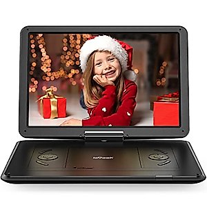 𝐢𝐞𝐆𝐞𝐞𝐤 16.9'' Portable DVD Player with 14.1''Swivel Screen, 6 Hrs Rechargeable Battery, Car Travel DVD Player for Kids, Sync TV, Region Free, Support USB/SD Card, Car Charger, Black