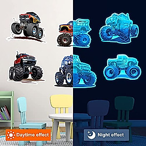 Truck Wall Decals Glow in The Dark Wall Decals Removable Digger Wall Stickers Large Car Jam Vhicle Construction Wall Decals for Kids Girls Boys Bedroom Living Room Playroom Nursery Wall Decor