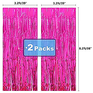 2pcs 3.2ft x 8.2ft Hot Pink Metallic Tinsel Foil Fringe Curtains for Birthday Wedding Bridal Shower Baby Shower Bachelorette Celebration Party Decorations
