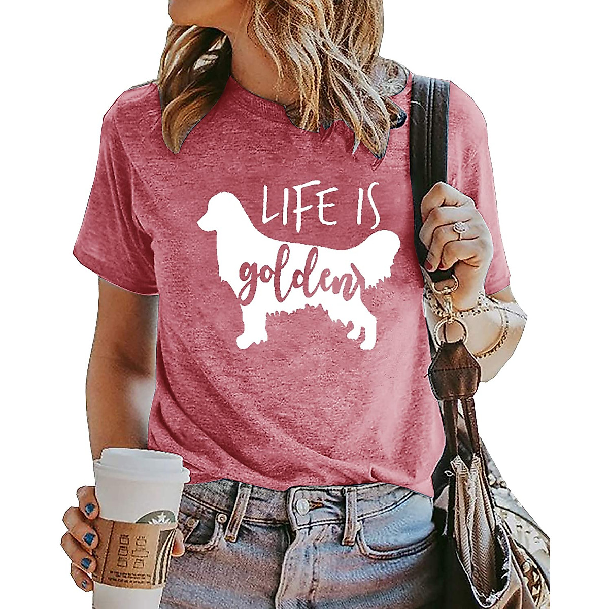 Life is Golden Shirt for Women Cute Dog Mom Graphic Short Sleeve Casual Mama Gifts T-Shirt (Pink, XL)