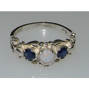 925 Sterling Silver Natural Opal and Sapphire Womens Trilogy Ring - Size 4.75