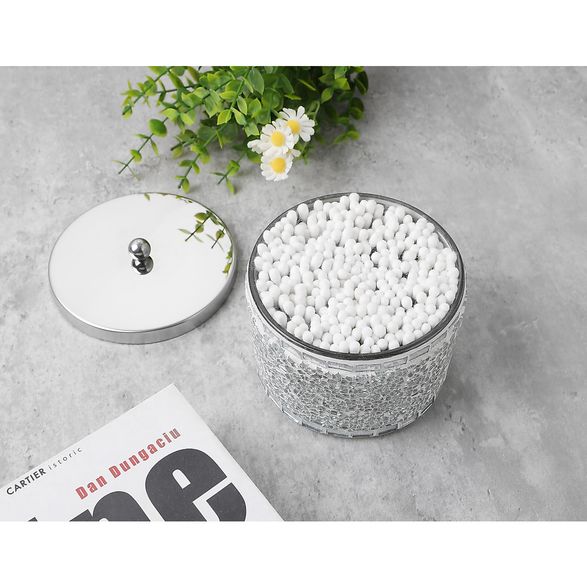 Bathroom Jars q tip holder, Mosaic Glass Cotton Swab Holder, Cosmetics Makeup Accessories Storage for Makeup Sponge Bath Salts Storage Christmas Birthday, Silver