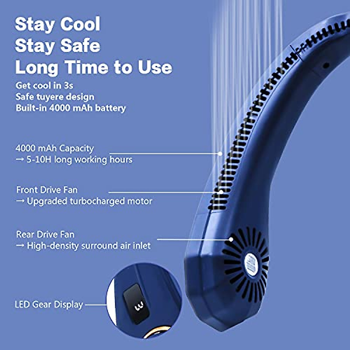 AURTEC Portable Neck Fan, Hands Free Bladeless Neck Fan, Personal Summer Cooling Neck Fan, 3 Speeds 4000mAh Rechargeable Neck Fan with LED Display - Blue