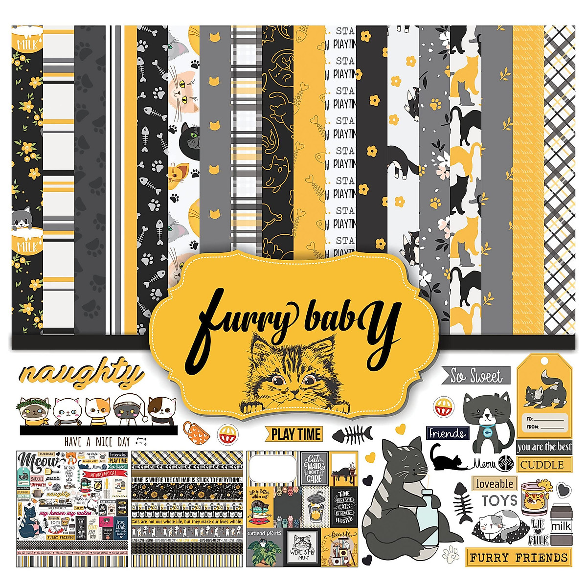 Inkdotpot Black & Yellow Cat Theme Collection Double,Sided Scrapbook Paper Kit Cardstock 12"x12" Card Making Paper Pack of with Sticker Sheet - 16 Pages - Black & Yellow