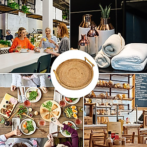 Round Rattan Coffee Table Tray with Handles - Woven Basket Food Decorative Tray ，Handmade Rattan Serving Tray with Handles ，Adorable Natural Bamboo Tray for Ottoman Coffee Table (Large/11 inch)