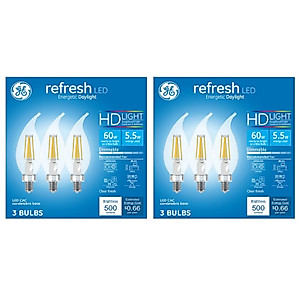 GE (6 Bulbs) Refresh LED Energetic Daylight LED CAC Lightbulb, Candelabra Base, 60 watt Equivalent, Dimmable, Clear Finish, HD Light, LED Decorative, Bent tip Chandelier Light Bulb, 500 lumens