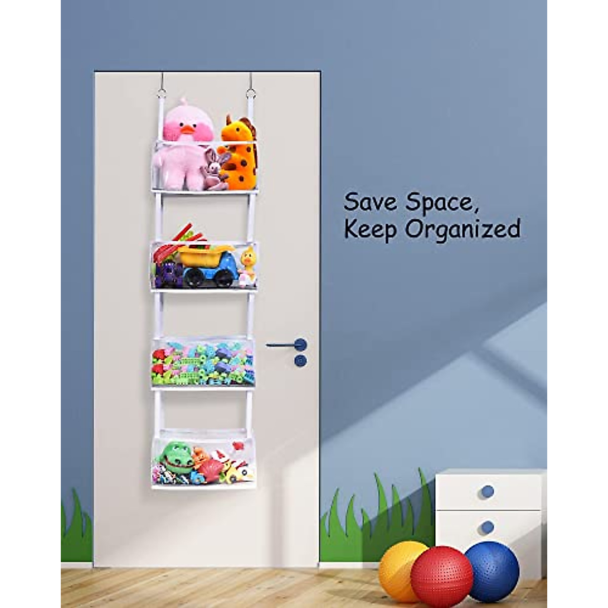 ULG Over Door Organizer with 4 Large Ultra Sturdy & Large Pockets Organizer, 22 lbs Capacity Hanging Storage Organizer with Clear Window for Bedroom Nursery, Baby Kids Toys, Shoes, Diapers, White