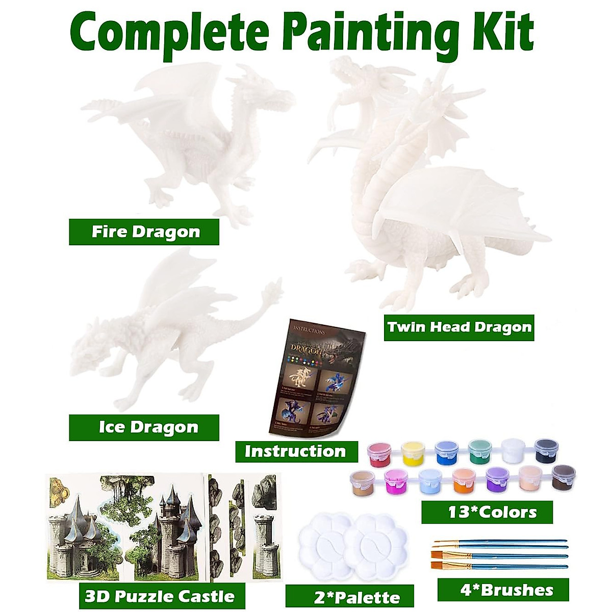 Yileqi Paint Your Own Dragons Painting Kit, Dragon Toys Arts and Crafts for Kids Age 4 5 6 7 8 9 Years Old, Dragon Party Favor Art Supplies DIY Activities Kit for Kids Birthday Gift