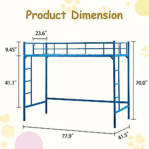 Pipleo Loft Bed Twin Size Metal Frame, Multifunctional Loft Bed with Ladder and Guardrail, Space-Saving, Modern Industrial Style, No Box Spring Needed
