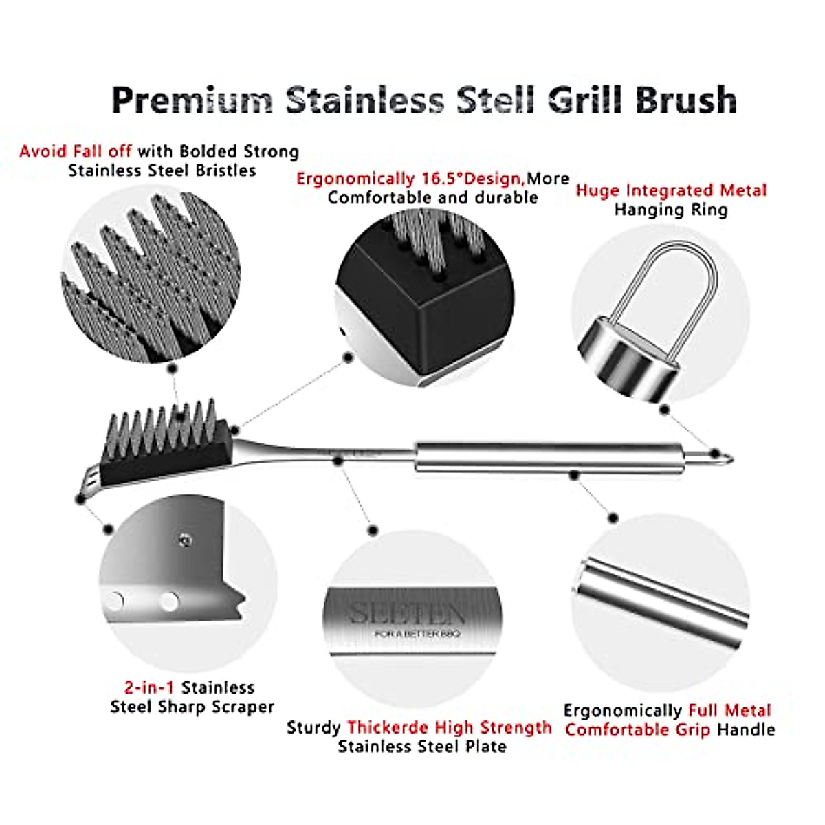SEETEN Grill Brush and Scraper with 1 Reusable Cleaning Gloves-Safe&Strong 16 inch Stainless Steel Grill Cleaning Brush no Wire Bristles Fall Off-Nice Grill Accessories Gift