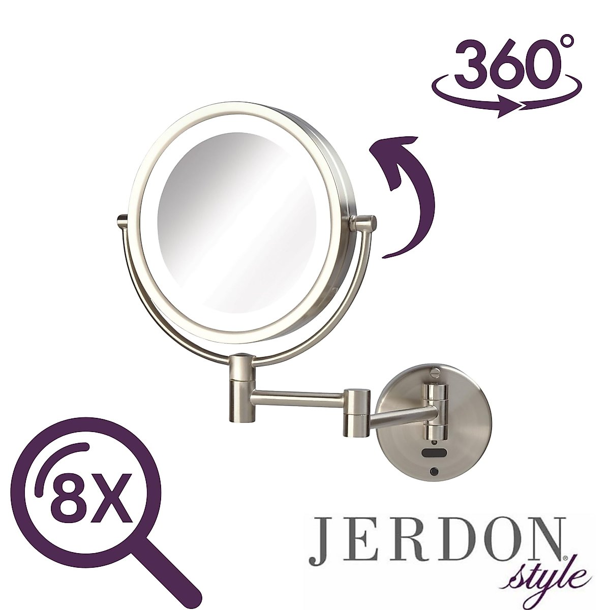 JERDON Sharper Image Wall-Mounted Lighted Sensor Makeup Mirror - Two-Sided Makeup Mirror with 8X Magnification & Swivel Design - 8.5-Inch Diameter Mirror in Nickel Finish - Model JRT9500NL