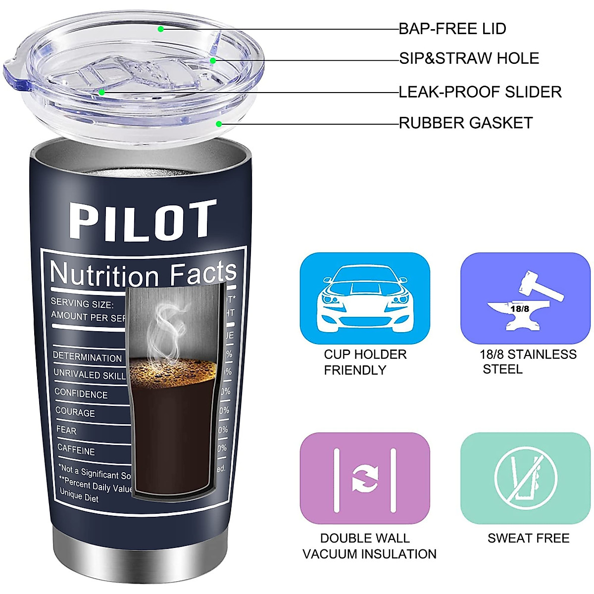 Pilot Gifts Aviation Men, Pilot Cup Tumbler, Gifts for Pilots Men, Airplane Gifts, 20oz Aviation Pilot Gauges Nutrition Facts Coffee Cup, Birthday Christmas Gifts Ideas for Pilot Insulated Travel Mug
