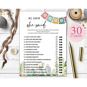 Bridal Shower Games, Fiesta Mexican Bridal Shower Decorations, He Said She Said Cards for Bridal Shower Bachelorette Party, Wedding Engagement Party, Set of 30 Game Cards (A10)