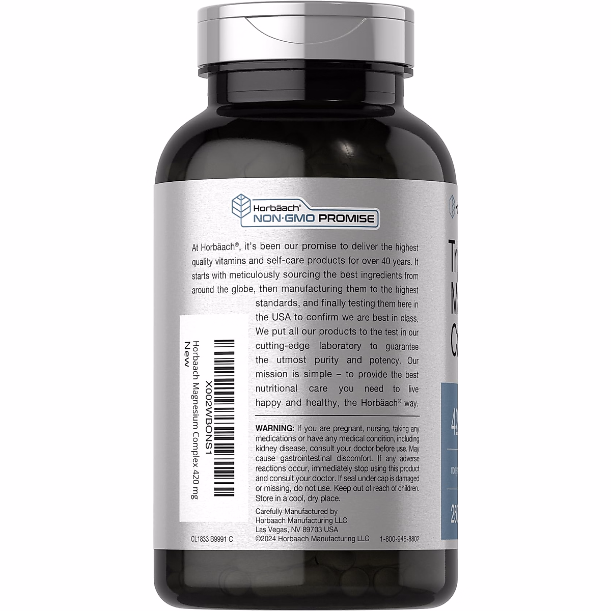 Horbäach Triple Magnesium Complex | 420 mg | 250 Capsules | Non-GMO and Gluten Free Formula | Magnesium Oxide, Citrate, and Aspartate Dietary Supplement