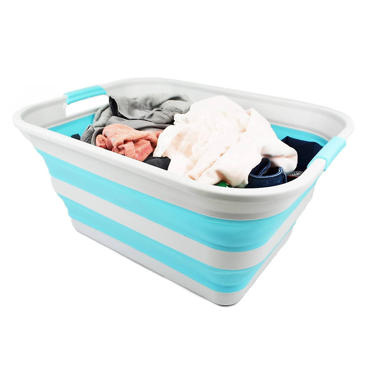 SAMMART 42L Collapsible Plastic Laundry Basket - Foldable Pop Up Storage Container/Organizer - Portable Washing Tub - Space Saving Hamper/Basket (Grey/Cyanine (Set of 2))