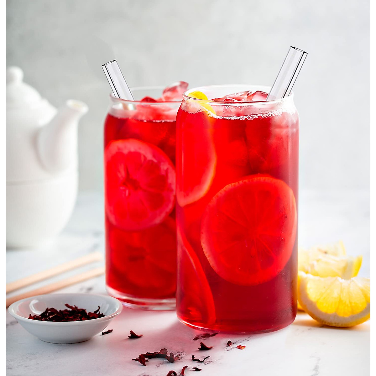 Huge Estate 20 oz Drinking Glass Cups Can Shaped - Set of 2 with 4 Glass Reusable Straws and Bamboo Lids for Iced Coffee Boba Tea Cocktails Beer Wine Water Dessert Glasses Pack of 2 Ideal Gift