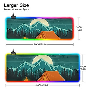 Large RGB Gaming Mouse Pad Family Adventure Camping Evening Scene Tent Glowing Extended Mousepad 35.4x15.7in, Soft Anti-Slip Rubber Base Luminous Mouse Mat for Pc Laptop, Gaming, Office, Home