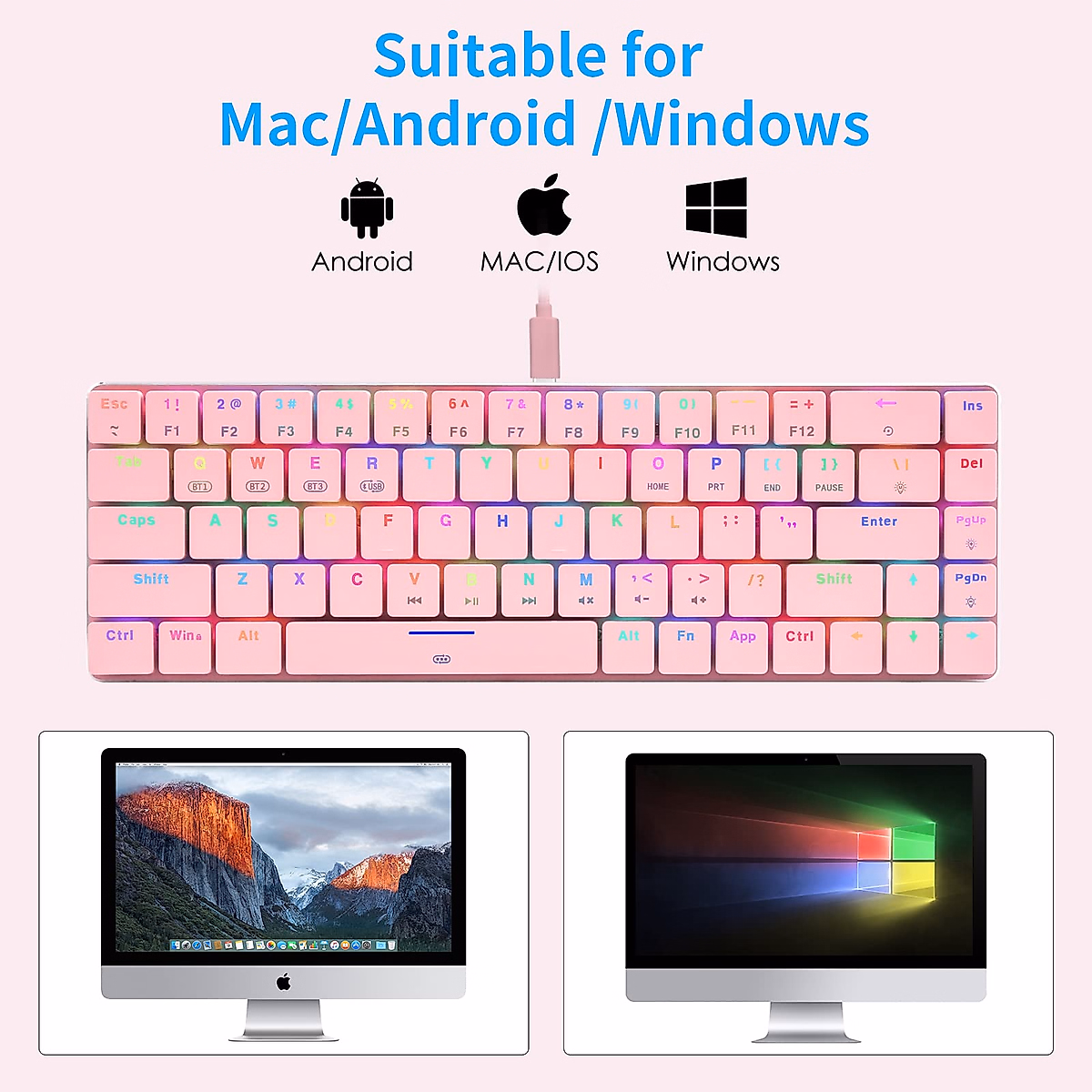 chuangquan CQ009 Mechanical Wireless/Wired Gaming Keyboard Bluetooth 5.0 RGB Backlit Blue Switch Compact 69 Keys Compatible with PC, Laptop and Smartphone (Pink)