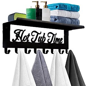 Hot Tub Towel Rack 8 Hooks with Shelf, Bathroom Towel Holder Organizer, Outdoor Wall Mount Hot Tub Accessories Decor to Hold Towels Robes and Coats in Bath, Hot Spring, Swim Pool, Hotel