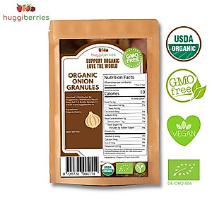 Huggiberries Organic Onion Granules 7 OZ - Pure, Natural, and Delicious Onion Powder for Soups, Veggies, Meat - Gluten-Free, Vegan, and Organic Potent - Antioxidants, Supports Heart and Cardio