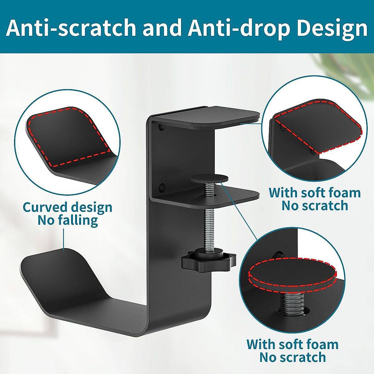 tiebutie Clamp-On Under Desk Headphone Holder/Backpack Hook/PC Gaming Headset Headphone Hanger Mount, Provides a Convenient Place to Hang Headsets or Bags