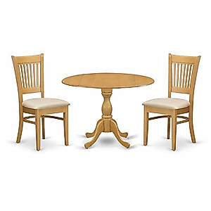 East West Furniture DMVA3-OAK-C 3 Piece Kitchen Table Set for Small Spaces Contains a Round Dining Table with Dropleaf and 2 Linen Fabric Dining Room Chairs, 42x42 Inch, Oak
