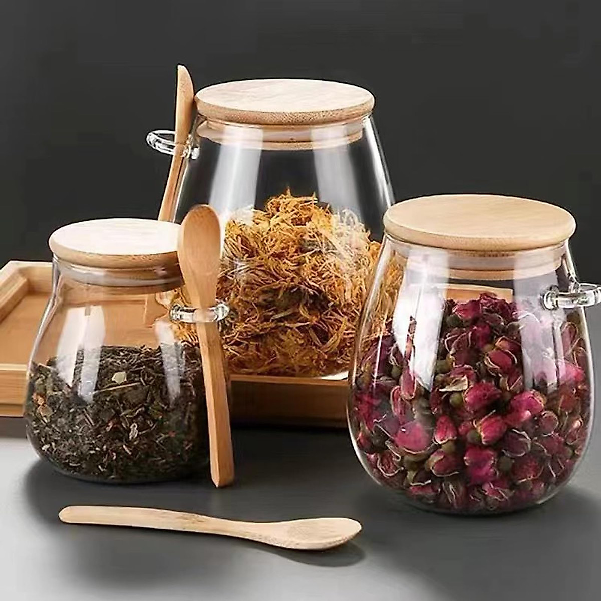 DNIENKGE Airtight glass jar storage container with bamboo lid Set of 2, wide mouth, leak-proof, With a spoon, can be used for coffee beans, tea leaves, grains, dried fruits, etc (Small)