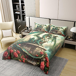 3 Pieces Castle Dragon 100% Nature Cotton Duvet Cover Not Comforter,Vintage Building Exotic Safari Animal Bedding Set,Red Rose Botanical Flowers All Season Bedding with Zipper Closure Queen Size