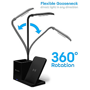 Aduro U-Light LED Desk Lamp Organizer Desk Light with Pen Holder & QI Wireless Charger Stand Black