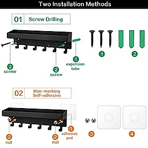 KingAcc Key Holder for Wall Decorative, Wall Mounted Key and Mail Organizer, Adhesive Key Rack/Hanger with Tray,6 Key Hooks for Entryway Hallway Kitchen Farmhouse (Black)