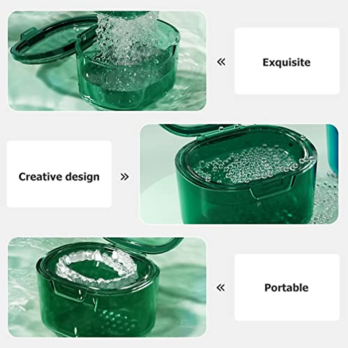 Healeved Retainer Case Denture Bath Cup with Strainer Basket Retainer Cleaner Orthodontic Mouth Case Soak Container for False Teeth Green