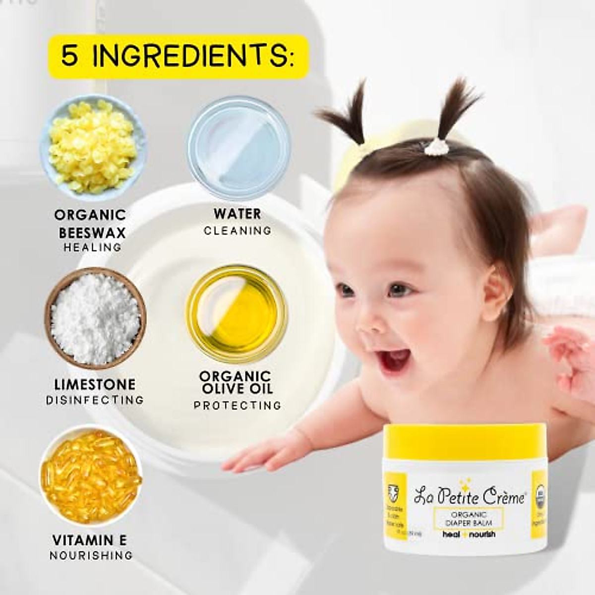La Petite Creme French All-Natural Diaper Balm - Healing & Nourishing Diaper Cream - Gentle & Safe Baby Balm with USDA Certified Organic Beeswax and Olive Oil - Baby Essentials for Newborn (4 oz)