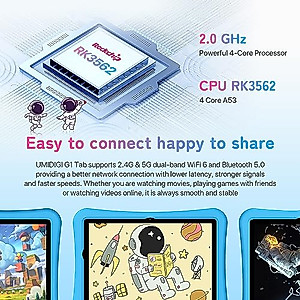 UMIDIGI Kids Tablet, G1 Tab Android 13 Tablet PC, 10.1" Tablet for Kids, 8G+64G up to 1TB, WiFi 6, 8MP+8MP Dual Camera, Quad-Core, 6000mAh, BT5.0, TÜV Eye Bluelight Tablet Android, Parental Control