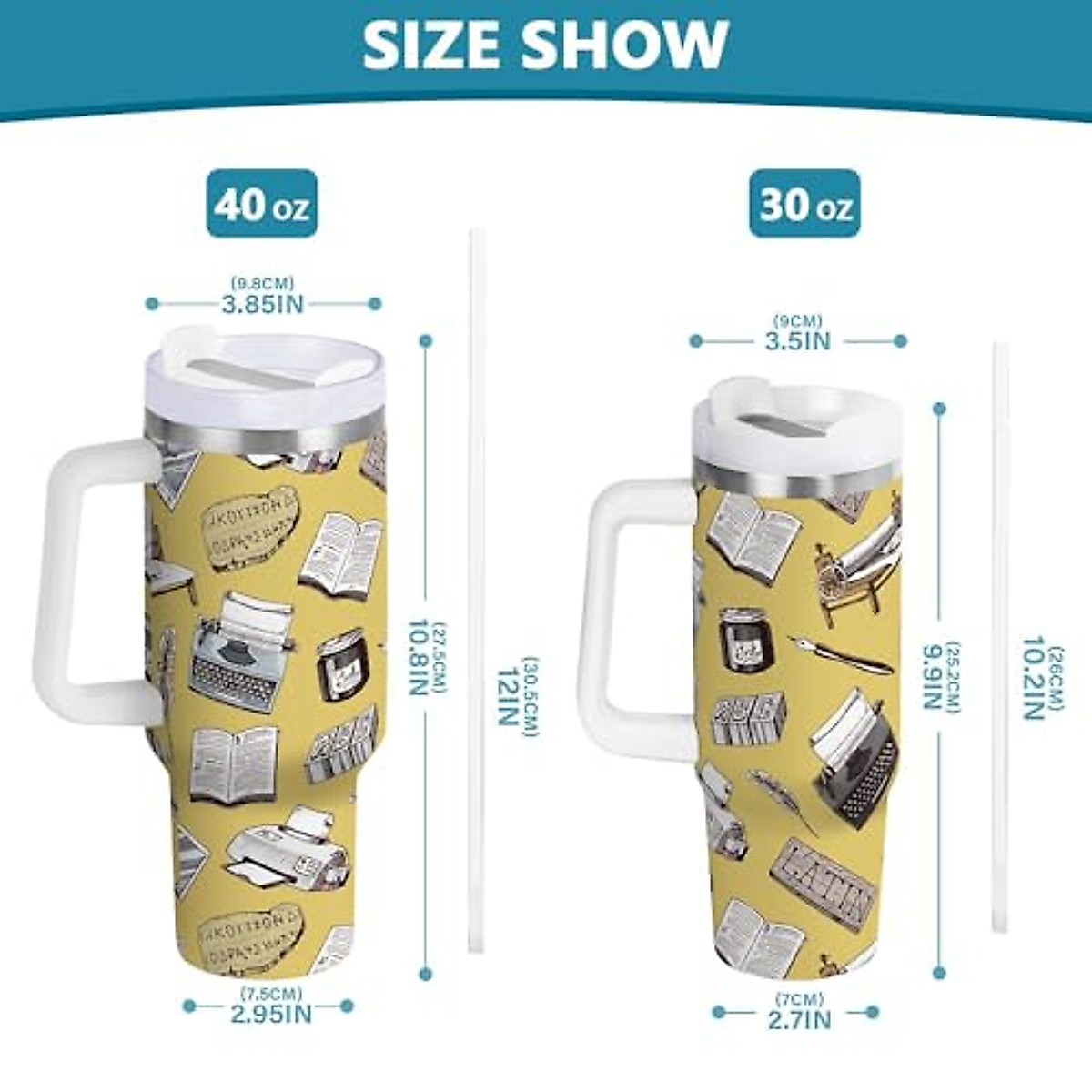 Emelivor Books Yellow 30 oz Tumbler with Lid and Straw Insulated Tumblers with Handle Leak Proof Coffee Tumbler Mug Large Water Bottles for Hot and Iced Cold Drinks