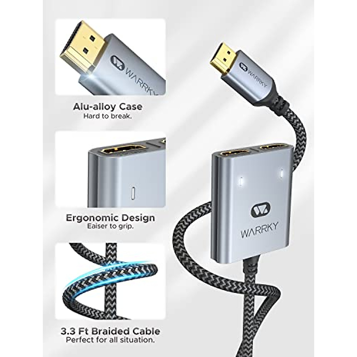 Warrky HDMI Splitter, Duplicate/Mirror, 4K HDMI Splitter 1 in 2 Out [Metal Case, Gold-Plated] with 3.3 Ft Braided HDMI Cable, Powered Splitter, 1 Source to 2 Identical Displays for TV, Projector