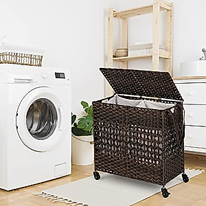 GOFLAME Laundry Hamper with Lid and Wheels, 110L Folding Synthetic Rattan Clothes Hamper with 2 Removable & Washable Liner Bags, Pulling Strap, Rolling Divided Laundry Basket for Laundry Room Bedroom