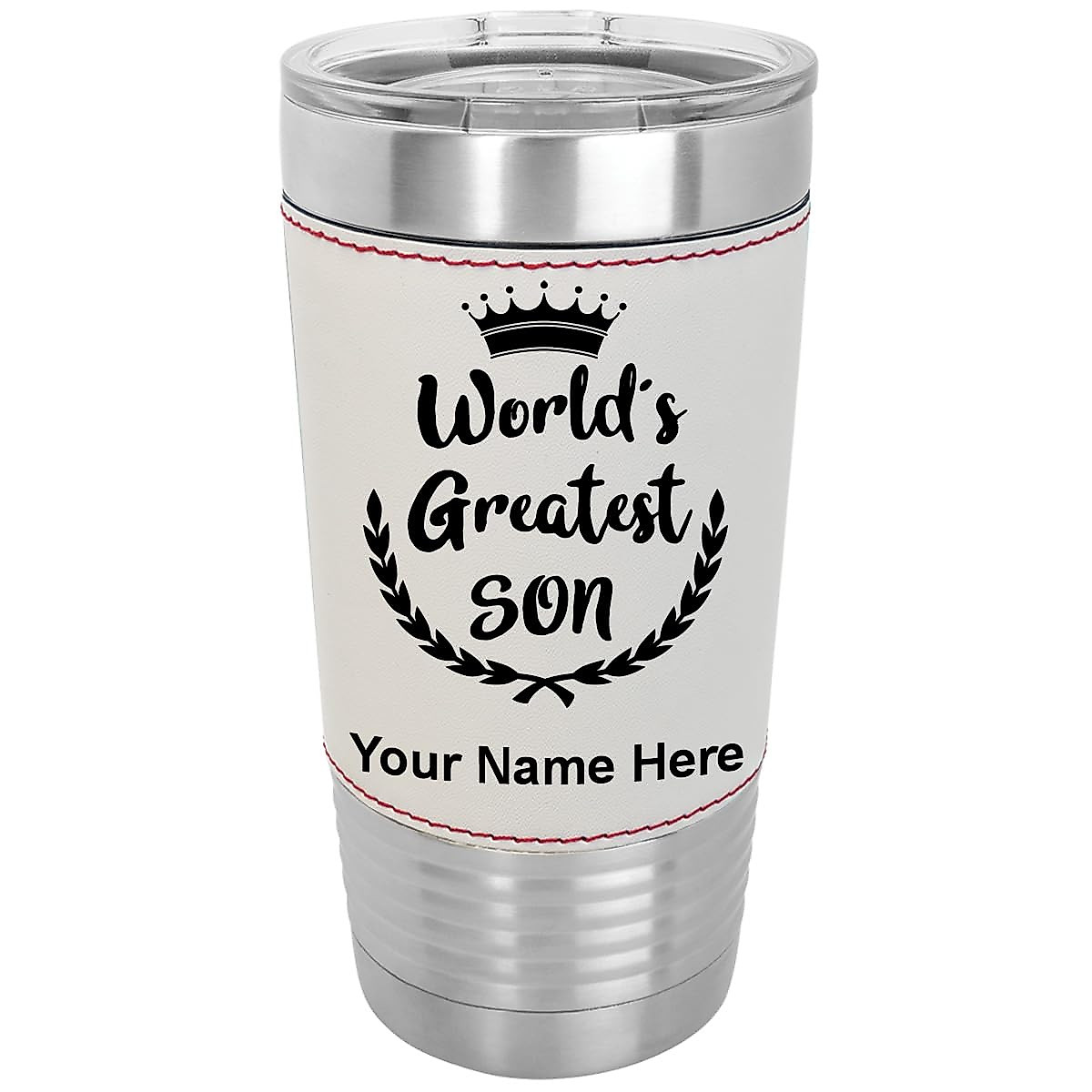 LaserGram 20oz Vacuum Insulated Tumbler Mug, World's Greatest Son, Personalized Engraving Included (Faux Leather, Baseball Style)